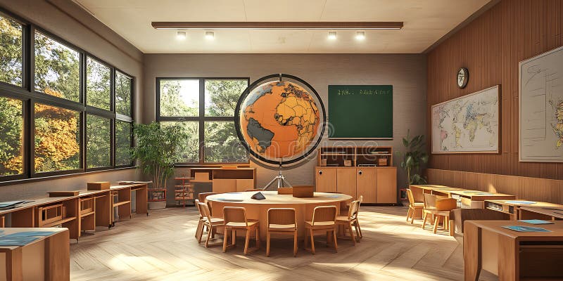Charming Vintage Classroom Wooden Tables Clock Background Wallpaper ...