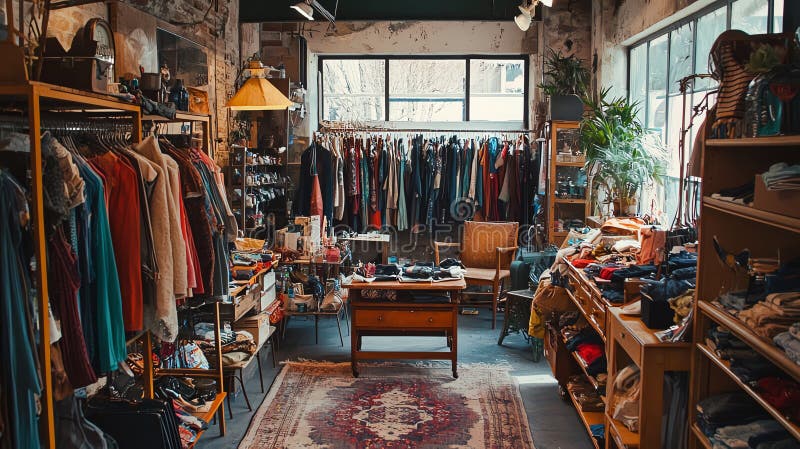 Charming Vintage Clothing Store Interior with Rustic Decor Stock ...