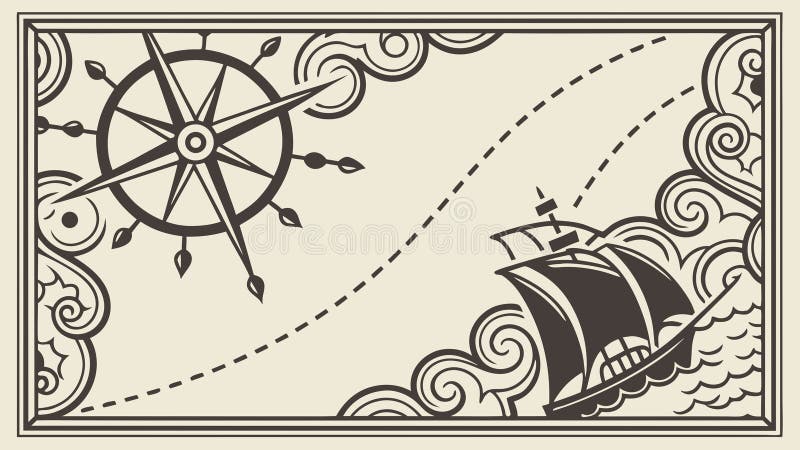 Charming Vintage Nautical Map Corner with Ship and Compass Rose, Vector ...