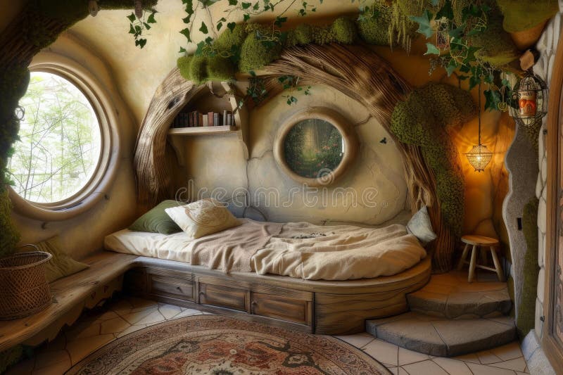 Cozy Hobbitstyle Bedroom Interior with Circular Window Stock Photo ...