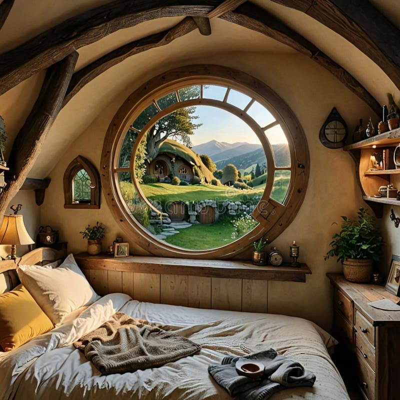 Cozy Hobbit Style Bedroom Interior with Circular Window and Ceiling ...