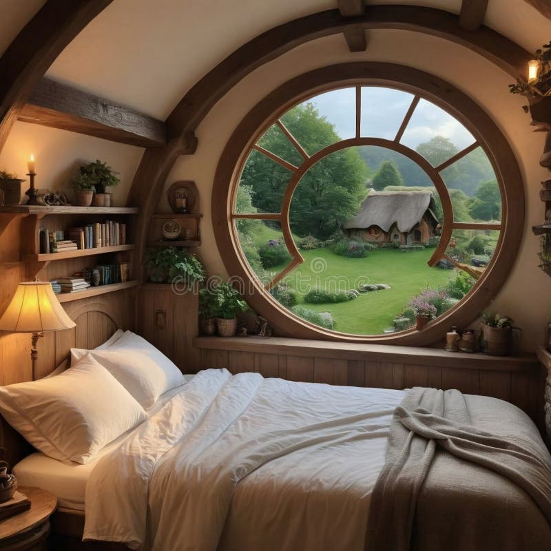 Cozy Hobbit Style Bedroom Interior with Circular Window and Ceiling ...