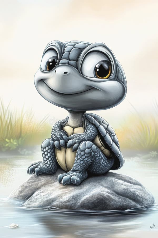 Charming Watercolor Illustration of a Cute Baby Turtle on a Rock in ...
