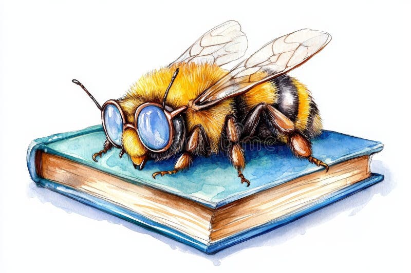 A Charming Watercolor Illustration Featuring a Bee Wearing Glasses and ...