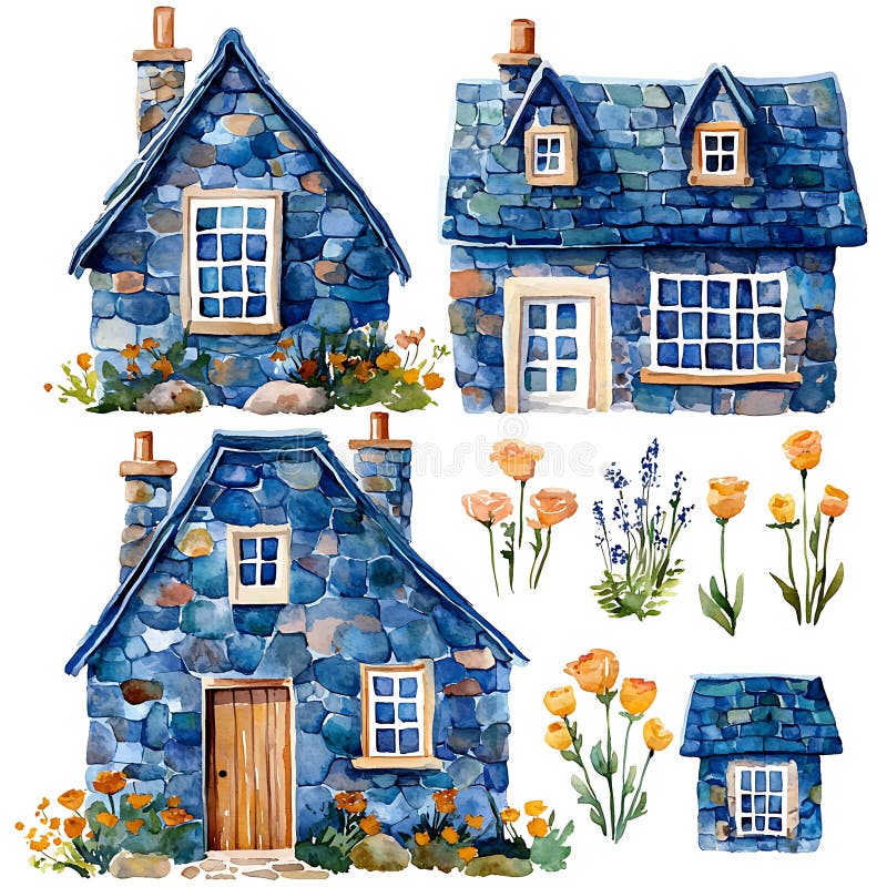 Watercolor Illustration of Blue Stone Cottage Buildings with Floral ...