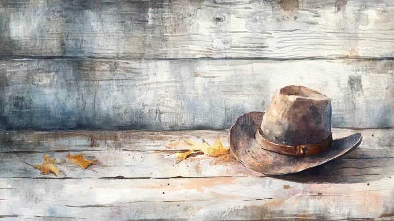 Charming Watercolor of a Pilgrim Hat Resting on a Rustic Wooden Table ...