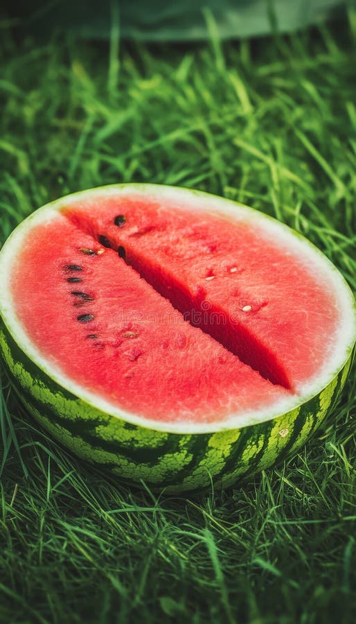 Charming Watermelon on Grass with Refreshing Slice, Creating a ...