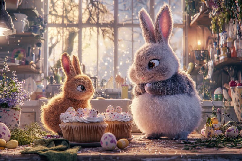 Delightful Scene of Two Sweet Rabbits Enjoying a Cupcake Together on ...