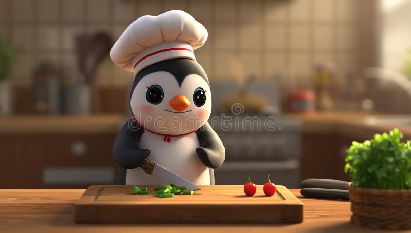 Cute Chef Penguin Cooking in the Kitchen Stock Illustration ...