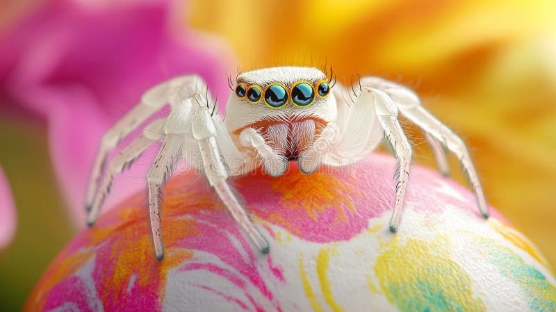 Charming White Jumping Spider on a Vibrant, Intricately Patterned ...