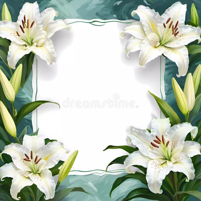 Charming White Lilies with Green Leaves Create a Delicate Border Around ... Charming White Lilies with Green Leaves Create a Delicate Border Around ...