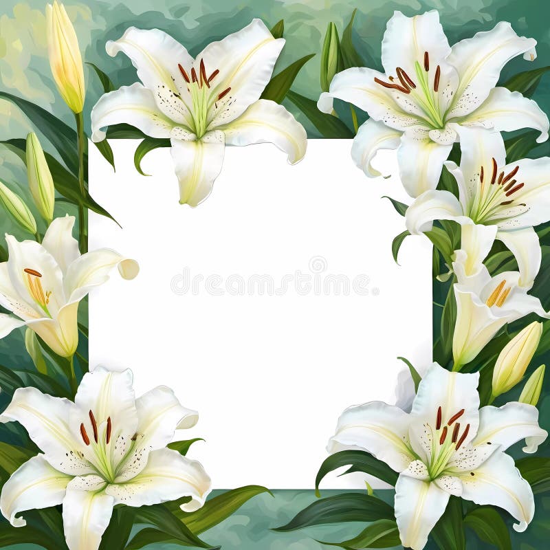 Charming White Lilies with Green Leaves Create a Delicate Border Around ...