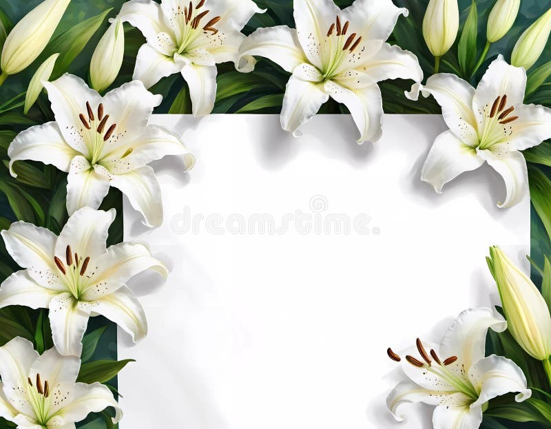 Charming White Lilies with Green Leaves Create a Delicate Border Around ... Charming White Lilies with Green Leaves Create a Delicate Border Around ...