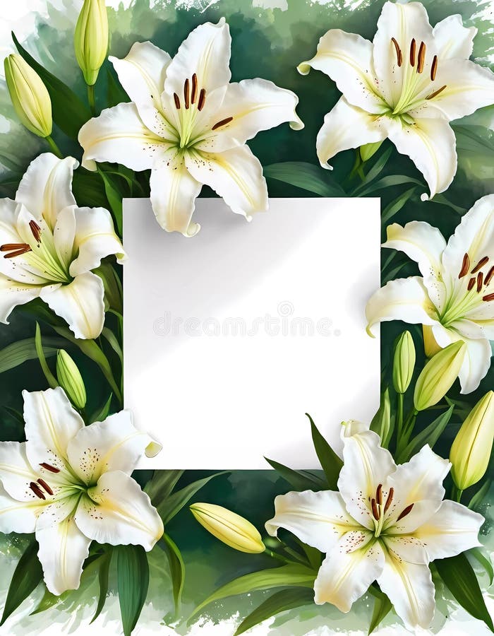 Charming White Lilies with Green Leaves Create a Delicate Border Around ...