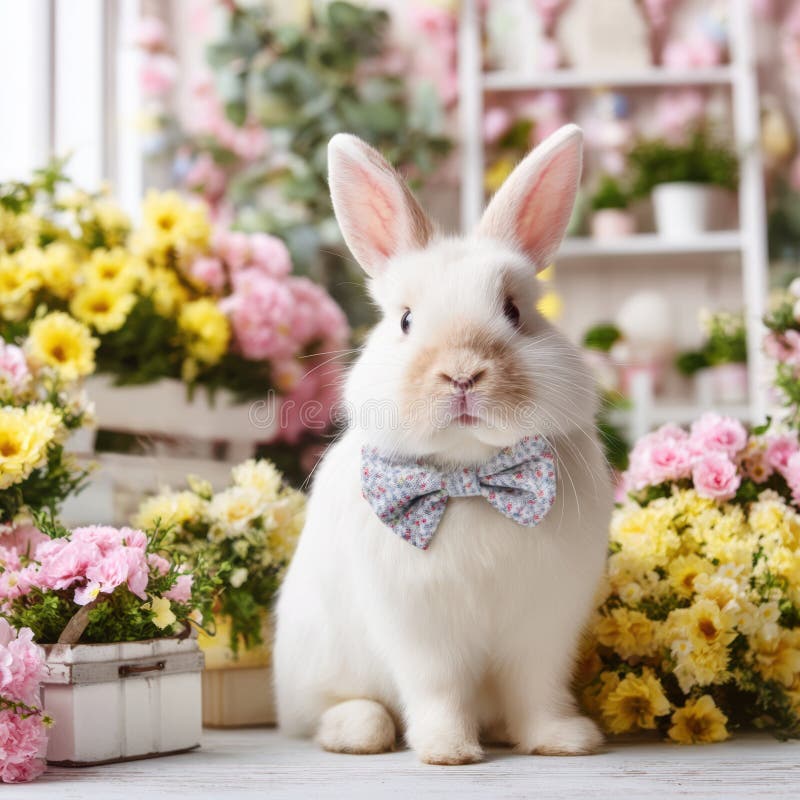 A Charming White Rabbit in a Bow Tie Poses among Colorful Flowers ...