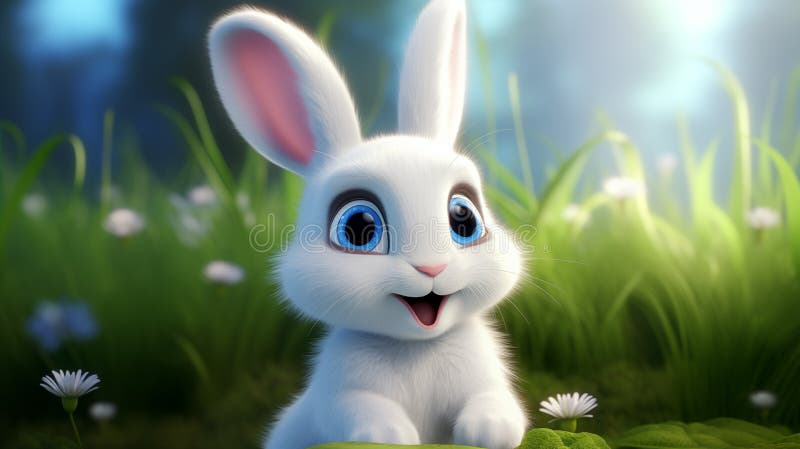 Charming White Rabbit with Bright Blue Eyes in a Serene Meadow Stock ...