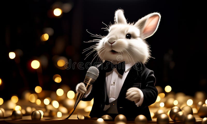 Adorable Rabbit in Tuxedo Holding a Microphone on Stage Stock Image ...