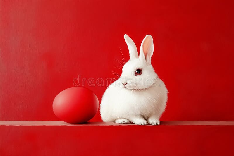 A Charming White Rabbit Sits Next To a Bright Red Egg, Creating a ...