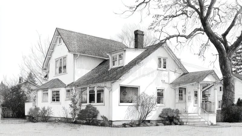 Charming White Two-story Cottage with Leafless Trees in Winter Setting ...