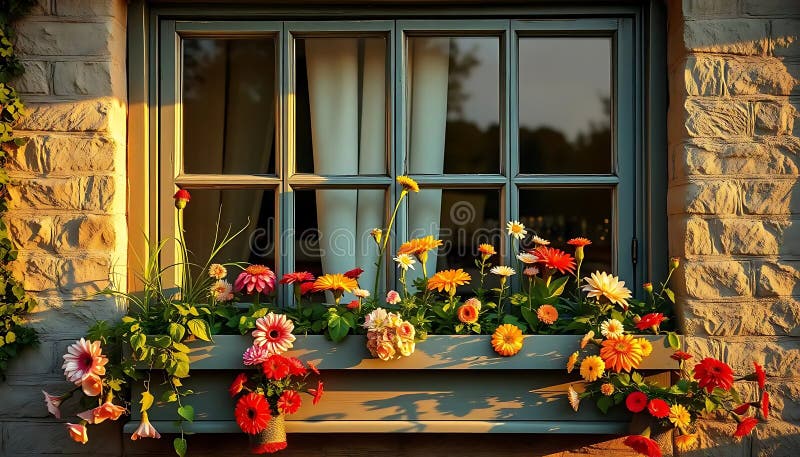 Charming Window Scene with Bright Colorful Flowers in a Rustic Setting ...