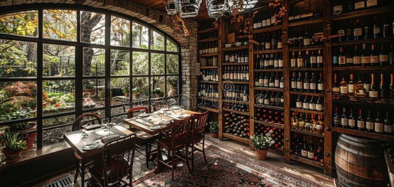Charming Wine Cellar Dining Area with Sunlight and Vibrant Wine ...