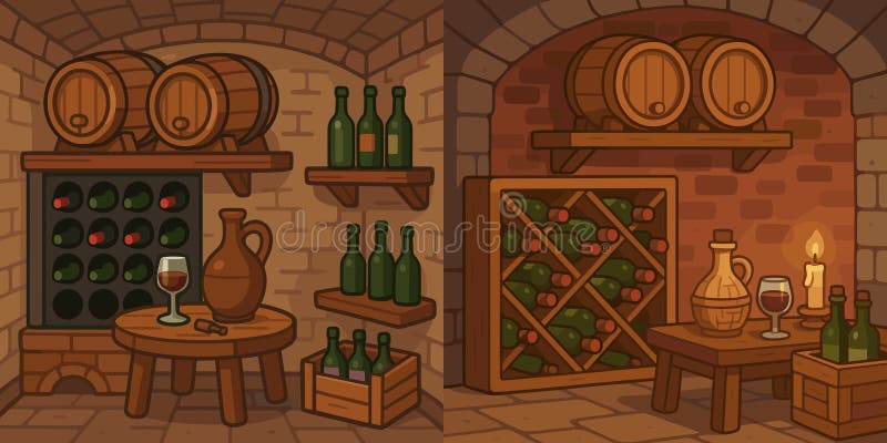 Charming Wine Cellar Illustration with Bottles and Barrels Stock ...