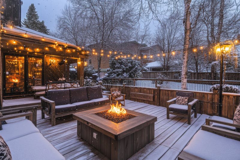Charming Winter Backyard Deck Featuring a Fire Pit and Cozy Sitting ...