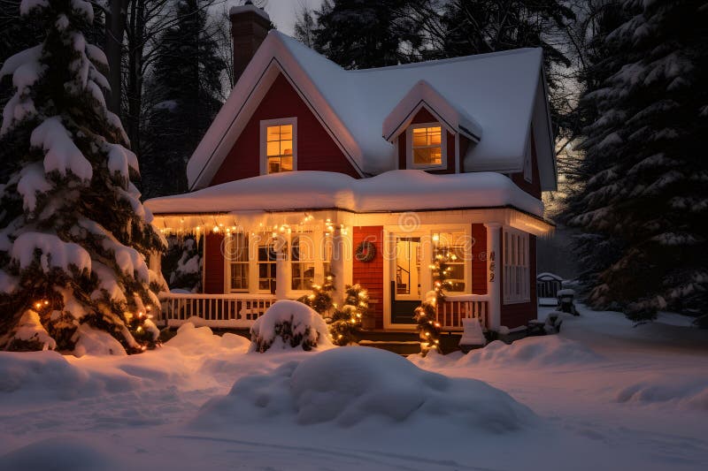 Charming Winter Cottage Surrounded by Snow with Aglow Windows from Warm ...