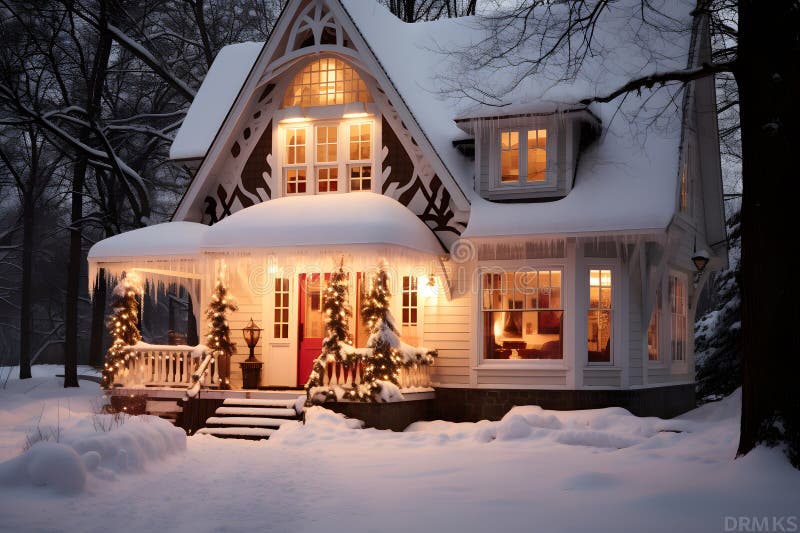 Charming Winter Cottage Surrounded by Snow with Aglow Windows from Warm ...