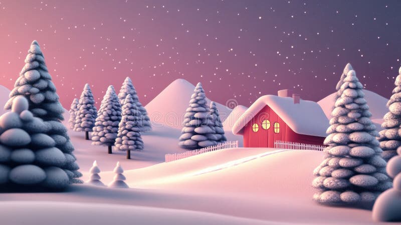 Charming Winter Landscape Featuring a Cozy Red House Surrounded by Snow ...
