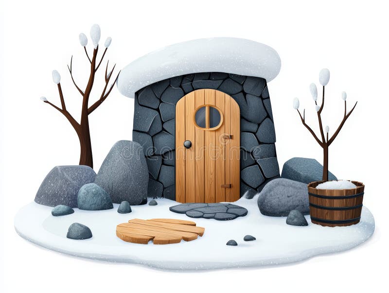 A Charming Winter Scene Featuring a Stone Cottage Snowcovered Trees and ...