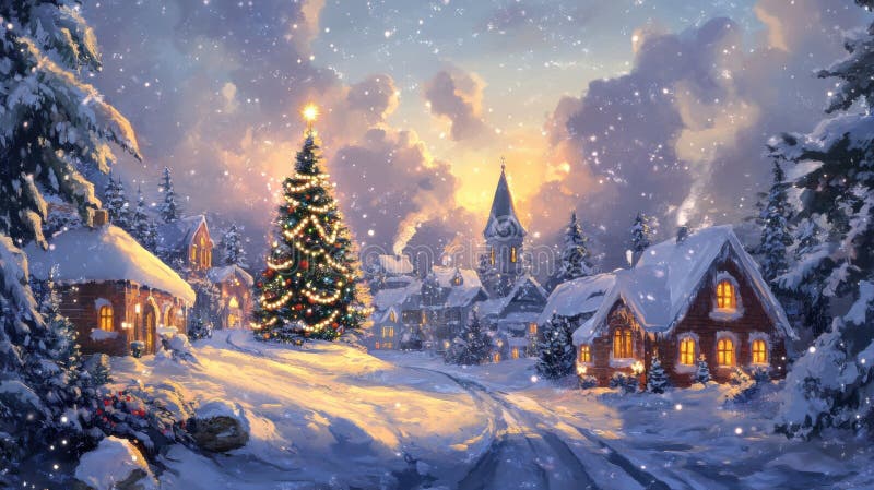 Charming Winter Village Scene with a Decorated Christmas Tree and Snow ...