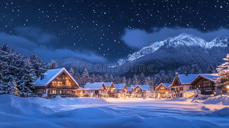 Charming Winter Village Under Starry Night Sky Stock Illustration ...