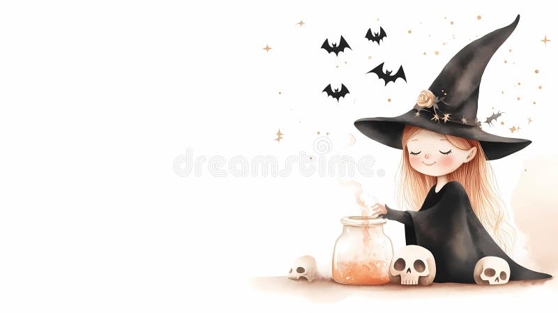 Charming Witch Conjures Potion Amidst Skulls and Magic Sparkles Stock ...