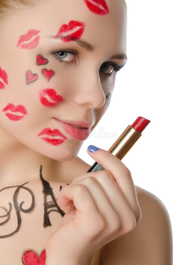 Charming Woman with Face Art on Theme of Paris Stock Image - Image of ...