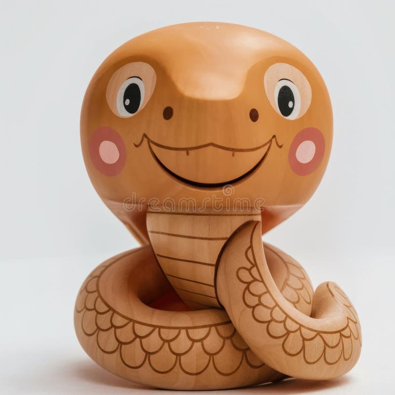 Charming Wooden Snake Toy with a Smiling Face on White Background Stock ...
