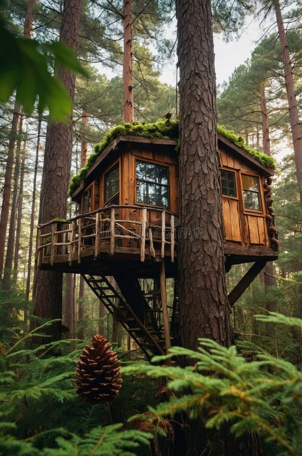 Rustic Wooden Treehouse Cabin in Lush Evergreen Forest Stock ...