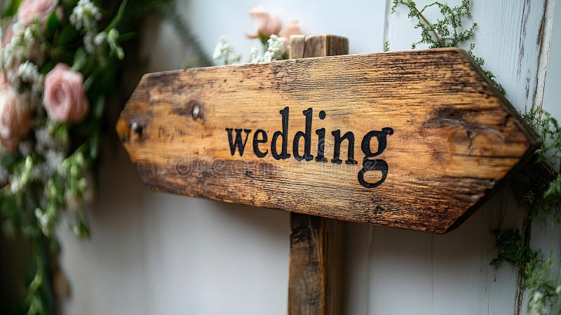 Charming Wooden Wedding Direction Sign and Greenery. Stock Illustration ...