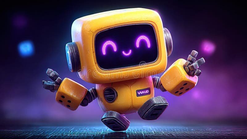 A Charming, Yellow Robot Character with a Glowing Face and Dice-shaped ...