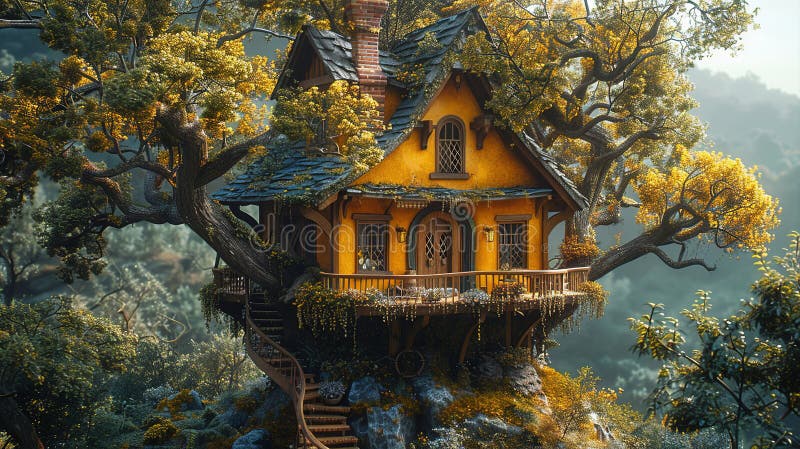 A Charming Yellow Treehouse Nestled in a Lush Forest Stock Illustration ...
