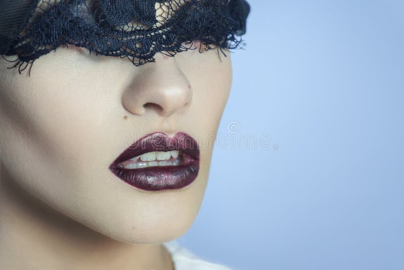 Charming Young Lady with Black Lace on Eyes and Beautiful Lips Stock ...