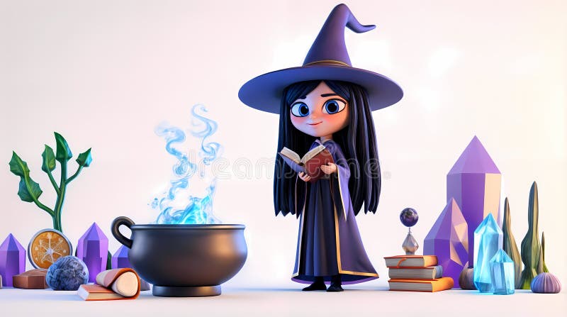 Charming Young Witch Reading Spellbook by Cauldron Stock Illustration ...