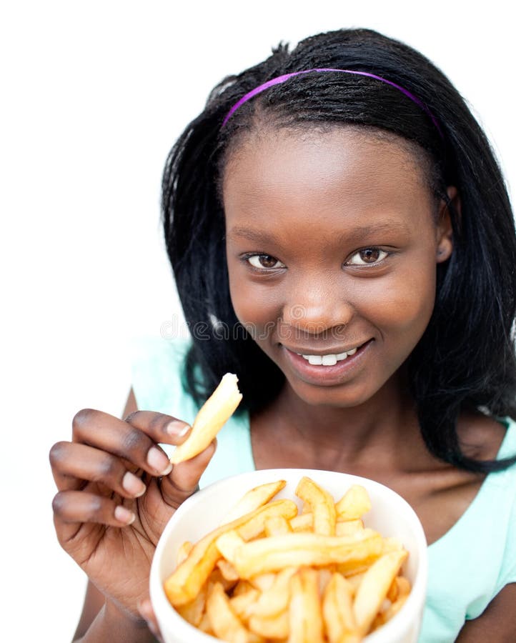Pretty Girl Eating French-fries Stock Photo - Image of happy, delicious ...