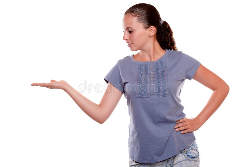 Charming Young Woman Holding Out Her Hand Stock Image - Image of blue ...