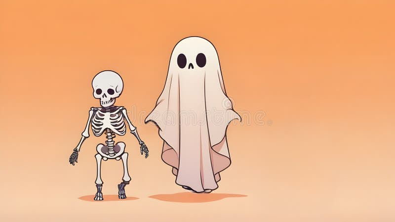 Charmingly Spooky Ghost and Skeleton Strolling Together on Orange Comic ...