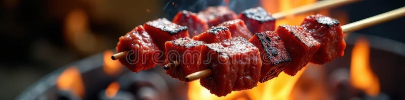 Charred Beef Cubes Sizzle on Skewers Over Open Flames , Beef, Bbq ...