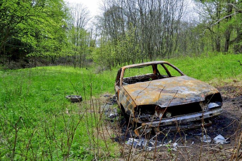 Charred car. stock image. Image of forest, metal, burn - 30897879
