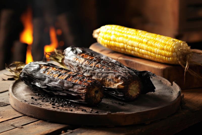 Charred Corn with Grill Marks on a Rustic Wooden Table Stock ...
