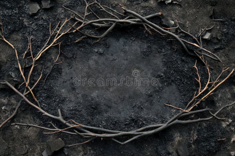 Charred Earth Encircled by Burned Branches Stock Photo - Image of ...