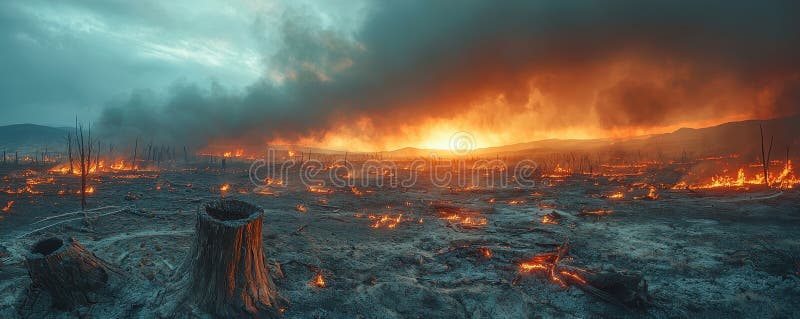 Charred Forest Landscape Devastated by a Wildfire with Smoky Horizon ...